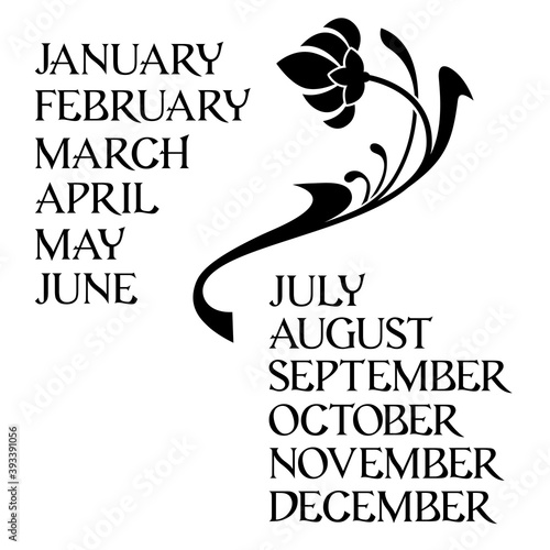 Names of months. Lettering, font. Black color, capital letters ...