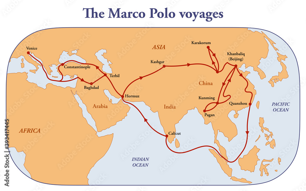 Map of the Marco Polo voyages through Asia along the Silk Road Stock ...