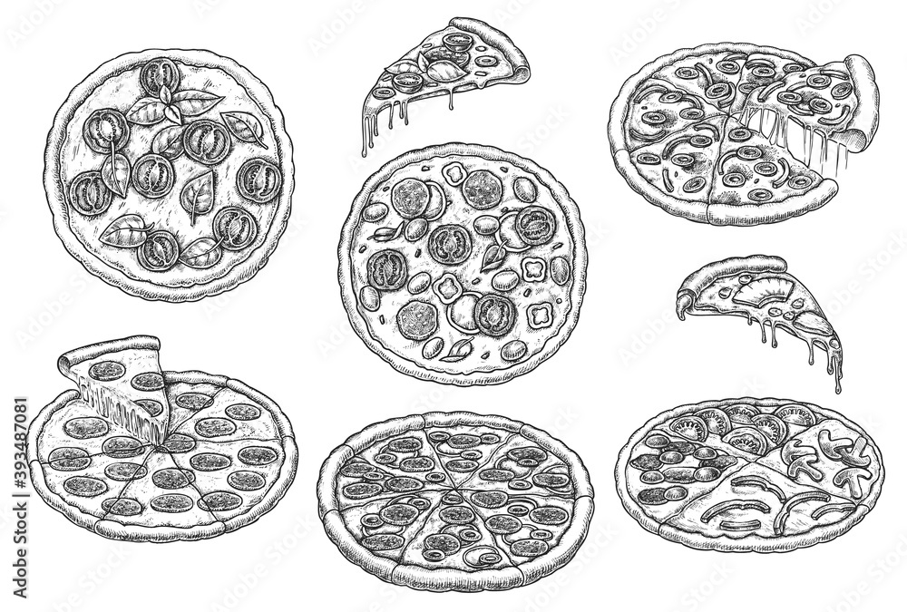Italian pizza and slice fast food menu sketch. Ink hand drawn pizzeria ...