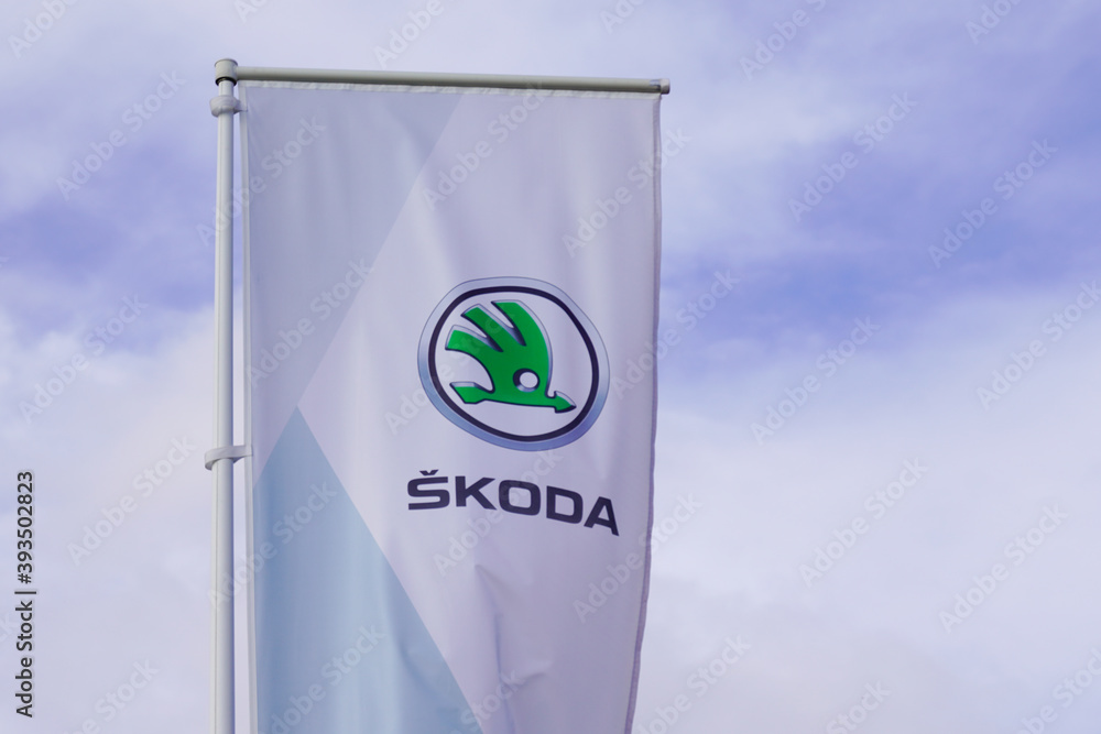 skoda store dealership sign and text logo on flag of car store Czech ...