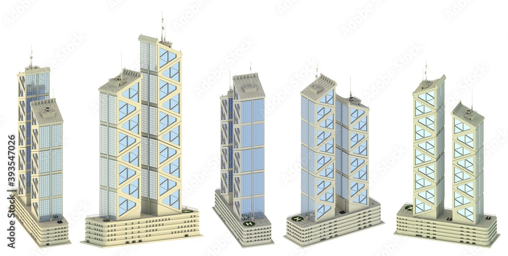 5 various angles views renders of fictional design commercial tall ...