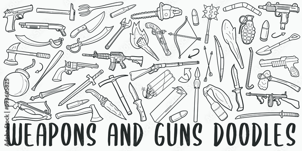 Weapons and Guns doodle icon set. War Killer Style Vector illustration ...
