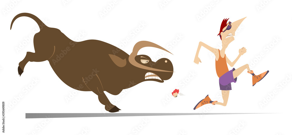 Cartoon runner and angry bull illustration. Frightened sport man runs ...