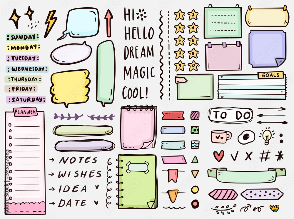 Cute bullet journal notes to do list drawing doodle vector collection ...