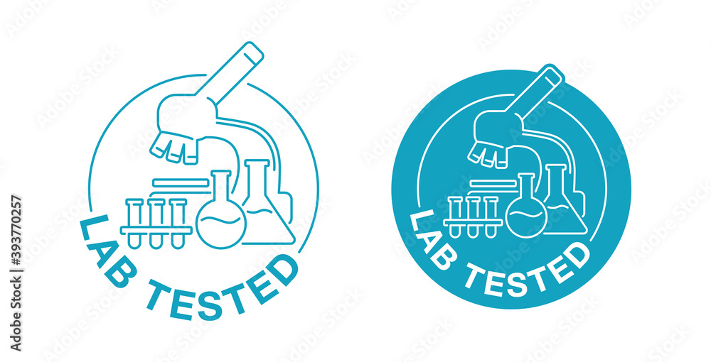 Lab tested stamp - laboratory equipment (microscope, flask, vial) in ...