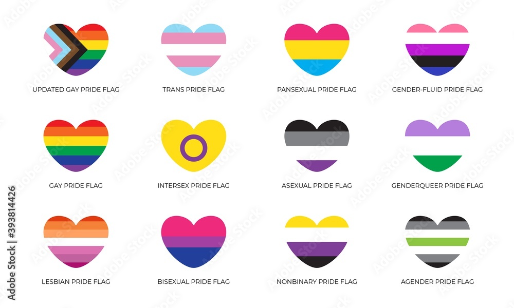 LGBTQ+ sexual identity pride flags collection. Heart shape with flag of ...