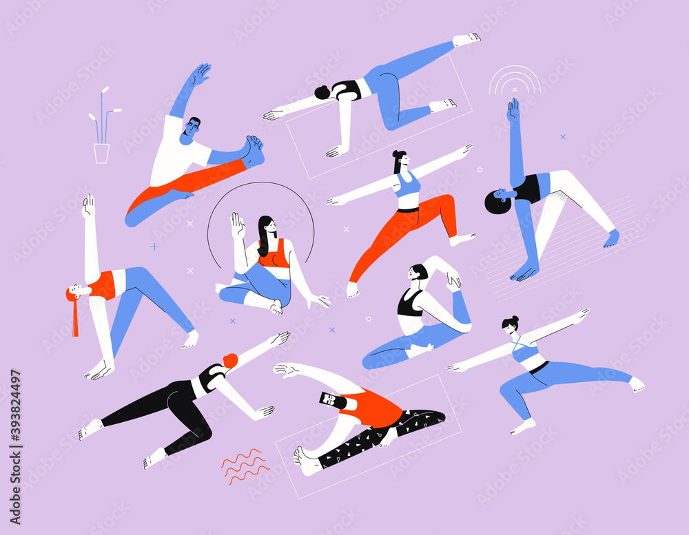 Multicultural men and women do yoga. Flat vector illustration on a ...