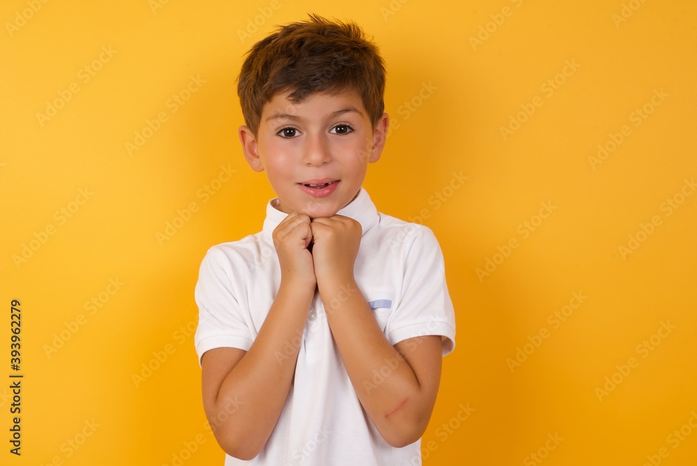 Portrait of desperate and shocked little cute Caucasian boy kid wearing ...