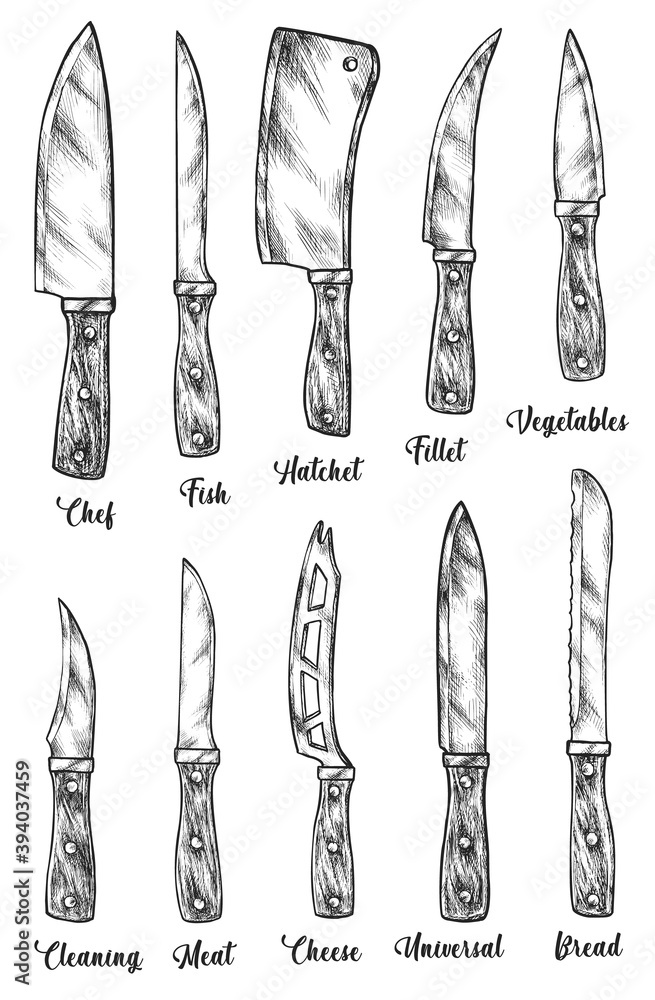 Kitchen knife cutlery hand drawn sketch set. Universal, cleaning, chef ...