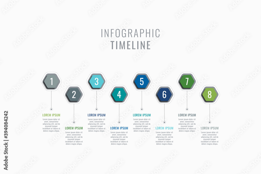 Horizontal eight steps timeline infographic template. Multicolor ...