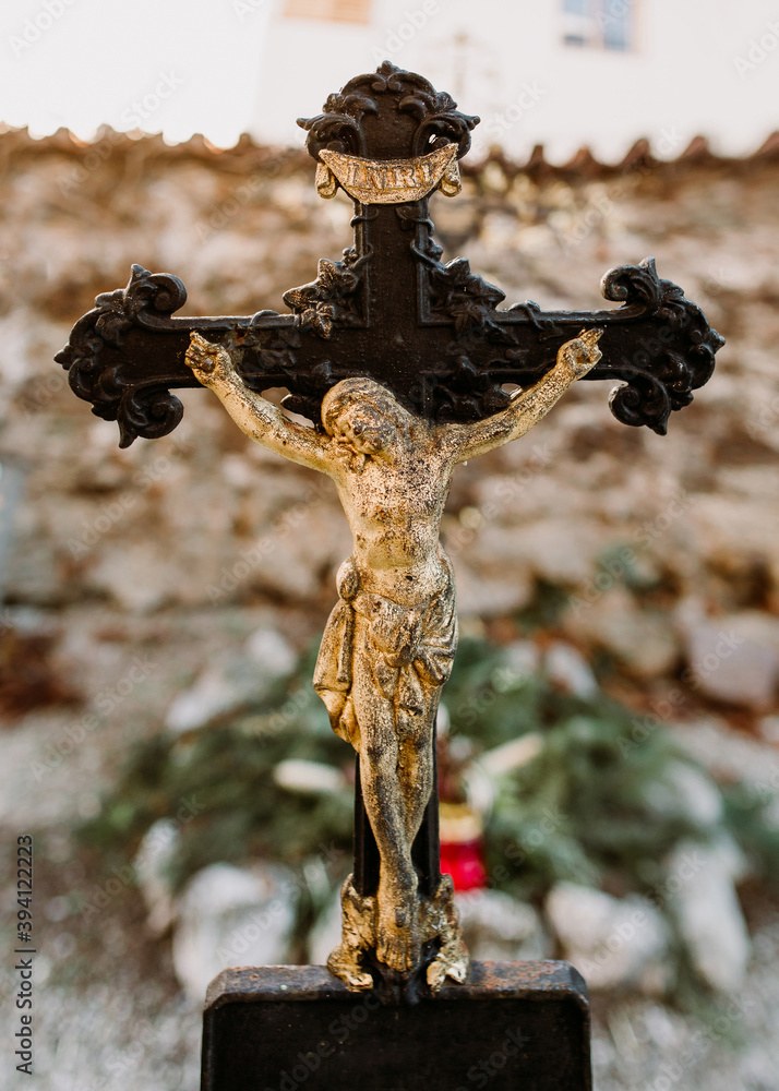 Old golden Jesus statue on the cross with the INRI Titulus and death ...