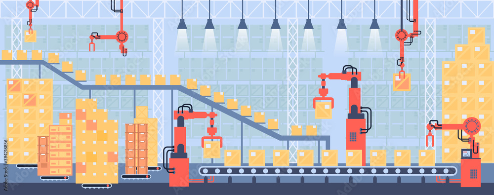 Vector de Stock Controlling conveyor belt line, robotic hands, factory automation production ...