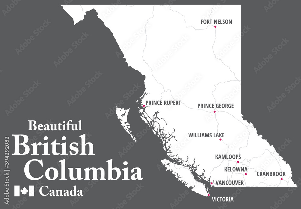 Beautiful British Columbia Map. Canada. White shape of BC province with ...