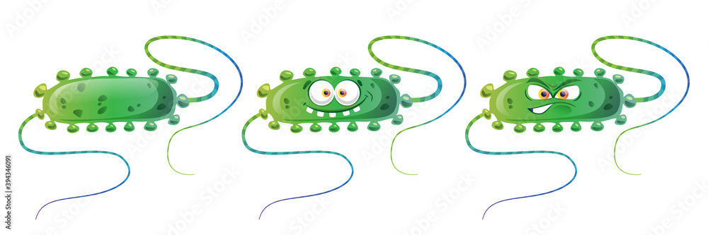 Bacteria virus funny and angry isolated cartoon germ green microbe with ...