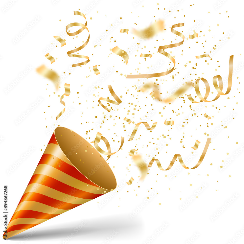 Party popper with gold confetti and serpantine salute isolated on white ...