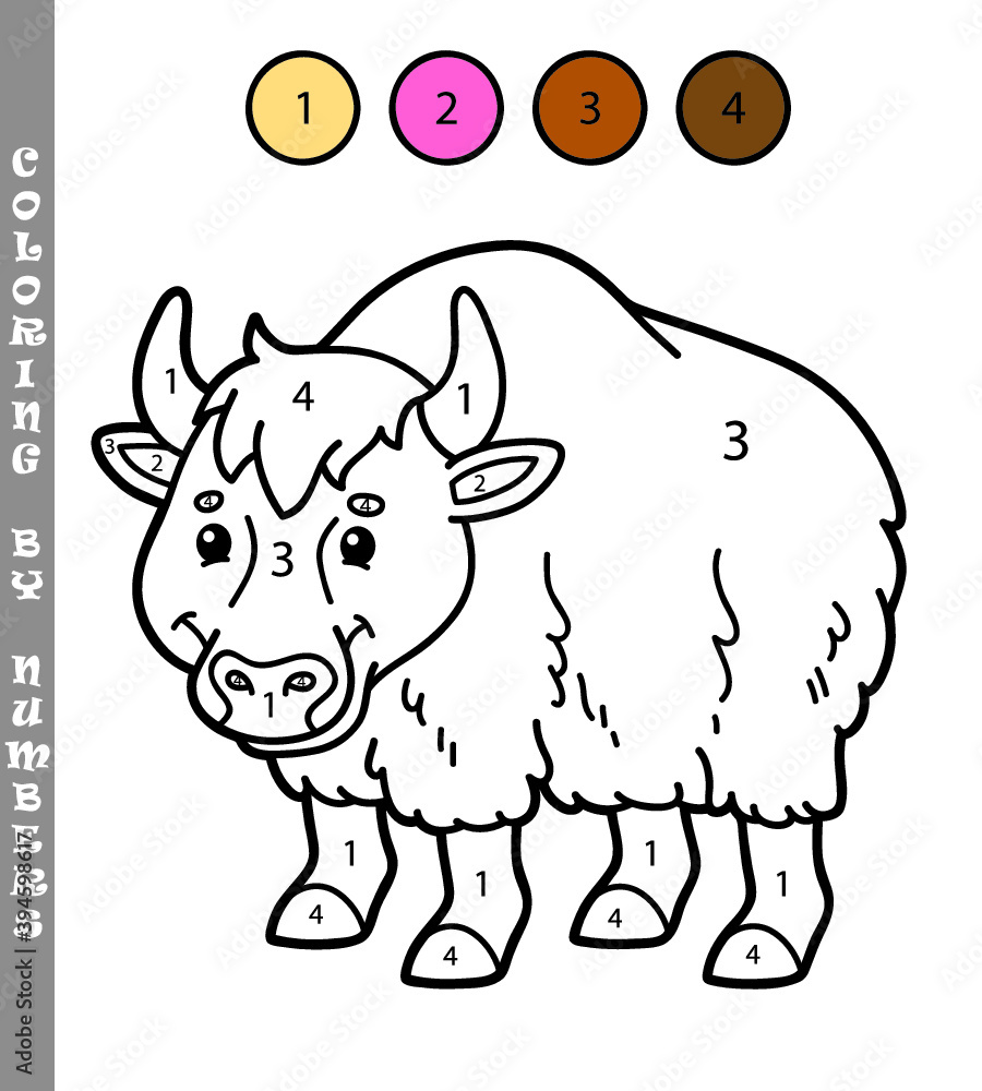 Vector illustration coloring by numbers game with cartoon yak for kids ...