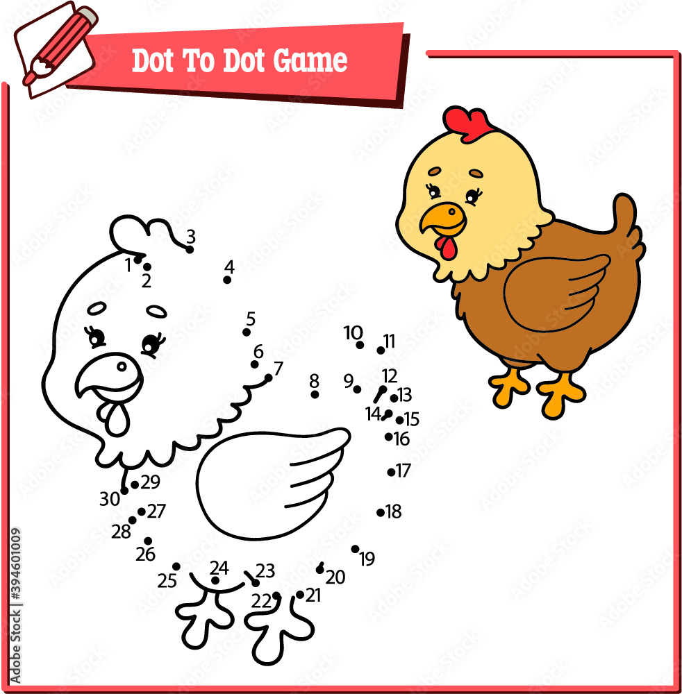 Vector illustration of dot to dot puzzle with happy cartoon hen for ...