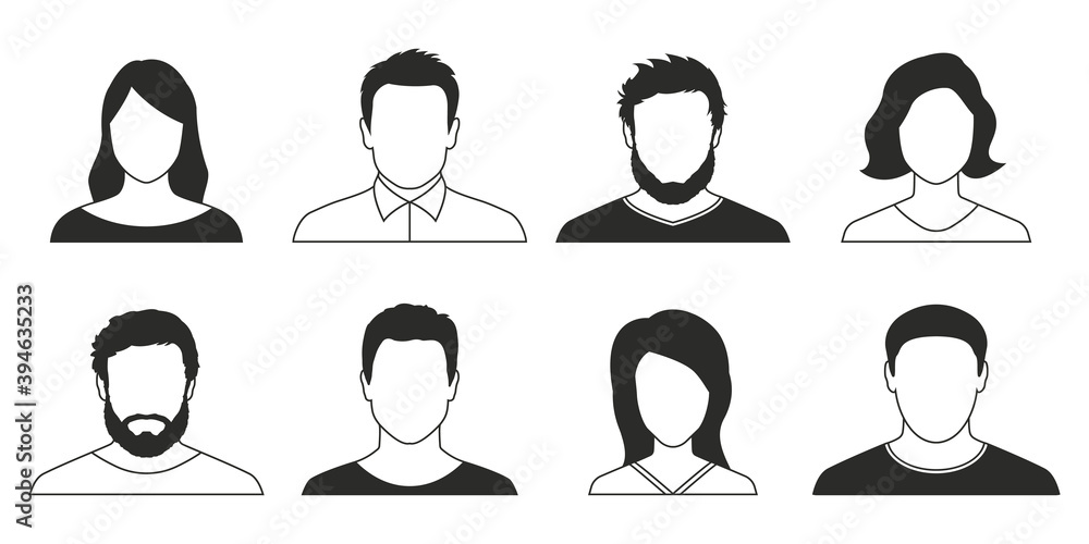 People user avatar outline icon. Man and woman face, head collection ...