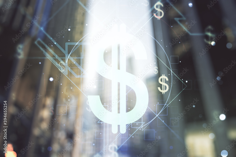 Virtual USD symbols illustration on office buildings background ...