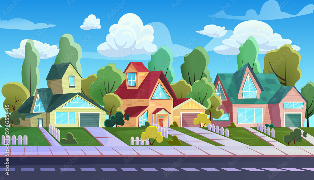 Houses on street of suburb town vector illustration. Cartoon urban ...