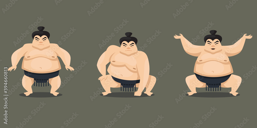 Sumo wrestler in different poses. Male character in cartoon style ...