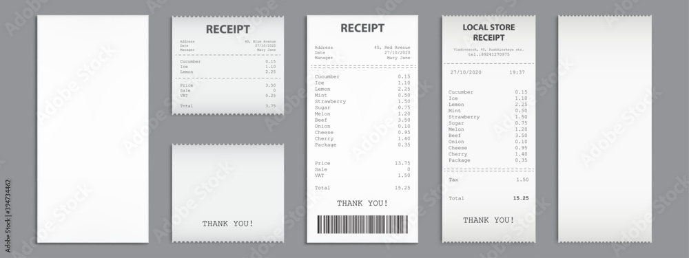 Shop receipts, paper cash checks with barcode. Vector realistic set of ...