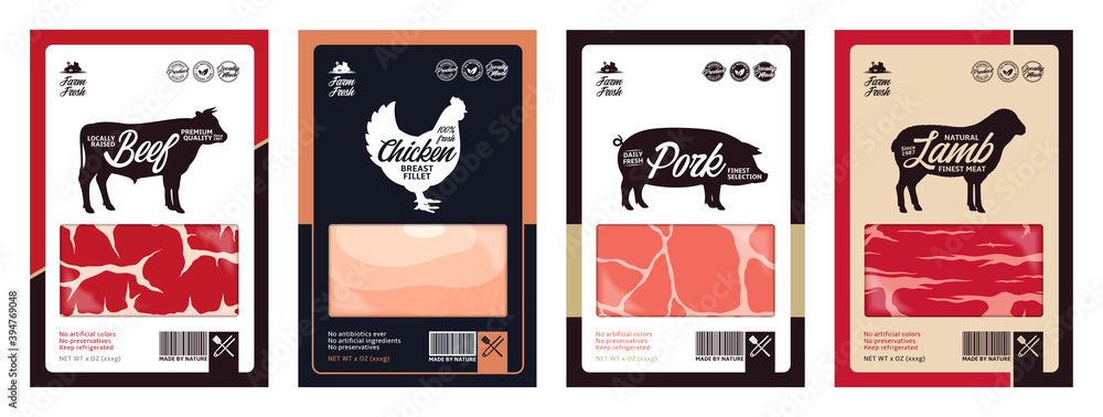 Vector butchery labels with farm animal silhouettes. Cow, chicken, pig ...