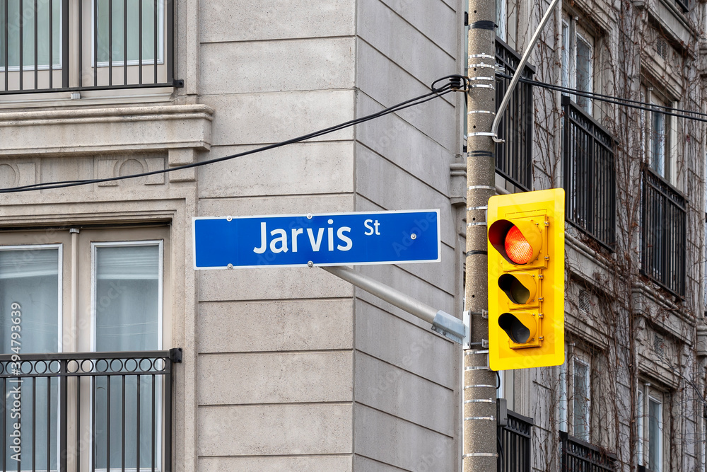Foto de Stock Jarvis Street sign with traffic light is seen in downtown ...