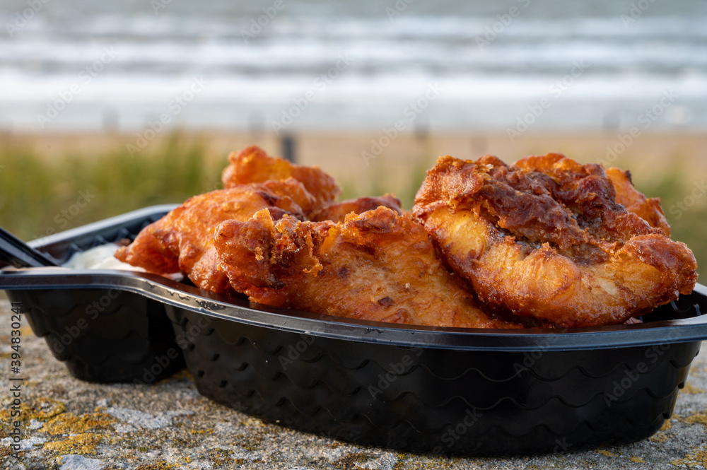 Dutch street seafood, deep fried cod fish fillet with garlic sauce ...