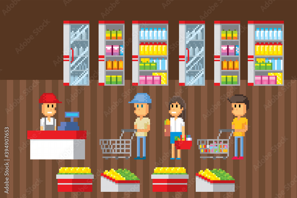 Supermarket interior. Pixel art. Old school computer graphic. 8 bit ...