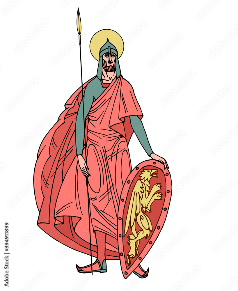 St. Alexander Nevsky prince of Novgorod in red, medieval knight, symbol ...