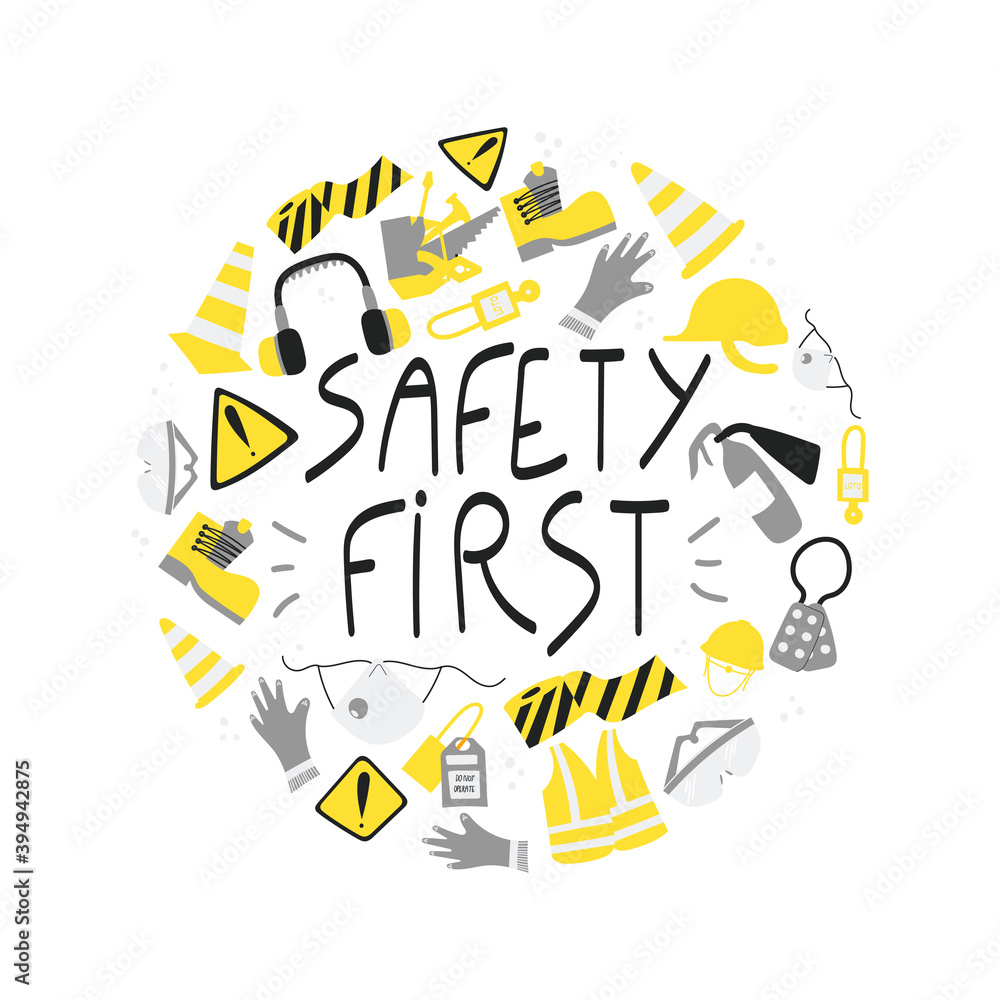 Safety first handwritten phrase poster and sticker design vector ...