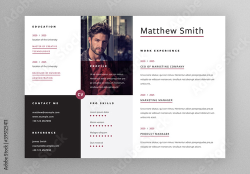 Horizontal Resume Layout with Red Accents Stock Template | Adobe Stock