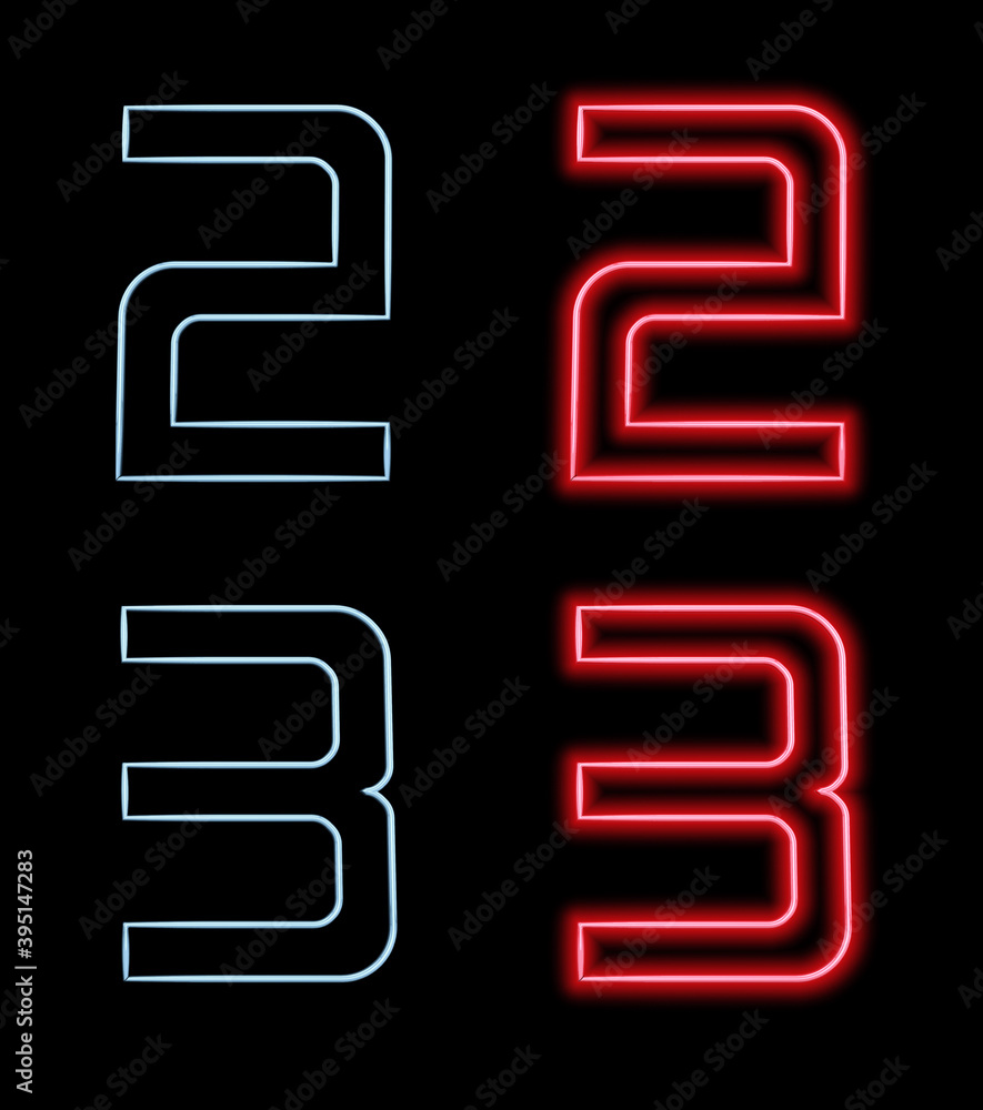 Alphabet made with neon lit numbers 2, 3. Numbers with light on and off ...