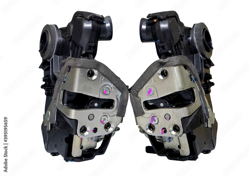 Car door lock motor in the middle, left and right on white background ...