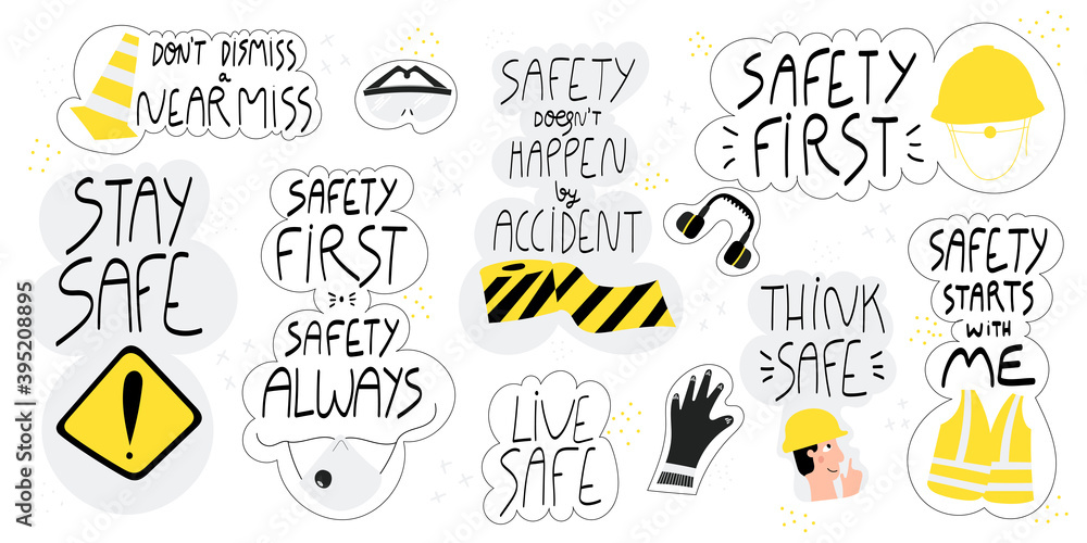 Vektor Collection of hand drawn lettering about health and safety at ...