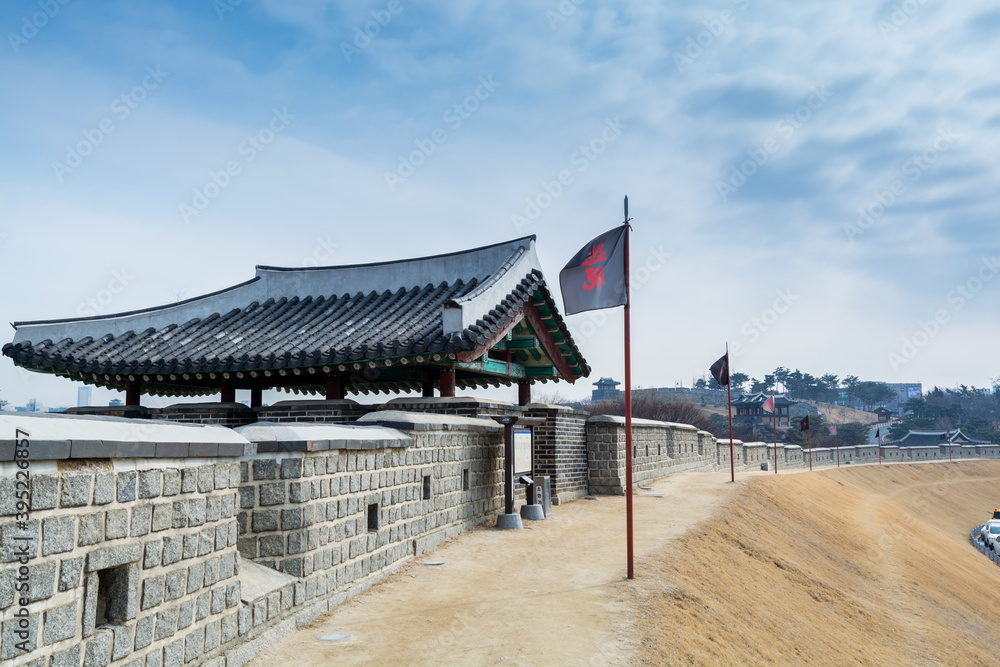 Hwaseong fortress and watch tower in Suwon city, South Korea. A famous ...