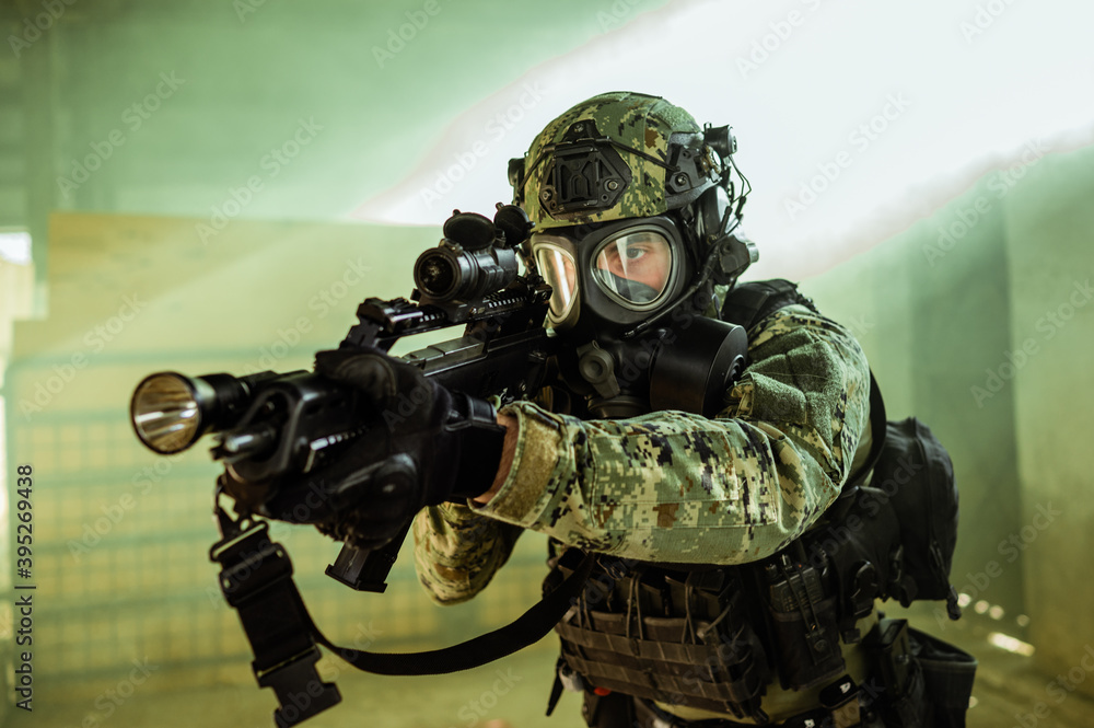 Croatian soldier in Cropat woodland uniform wearing gas mask M95 and ...