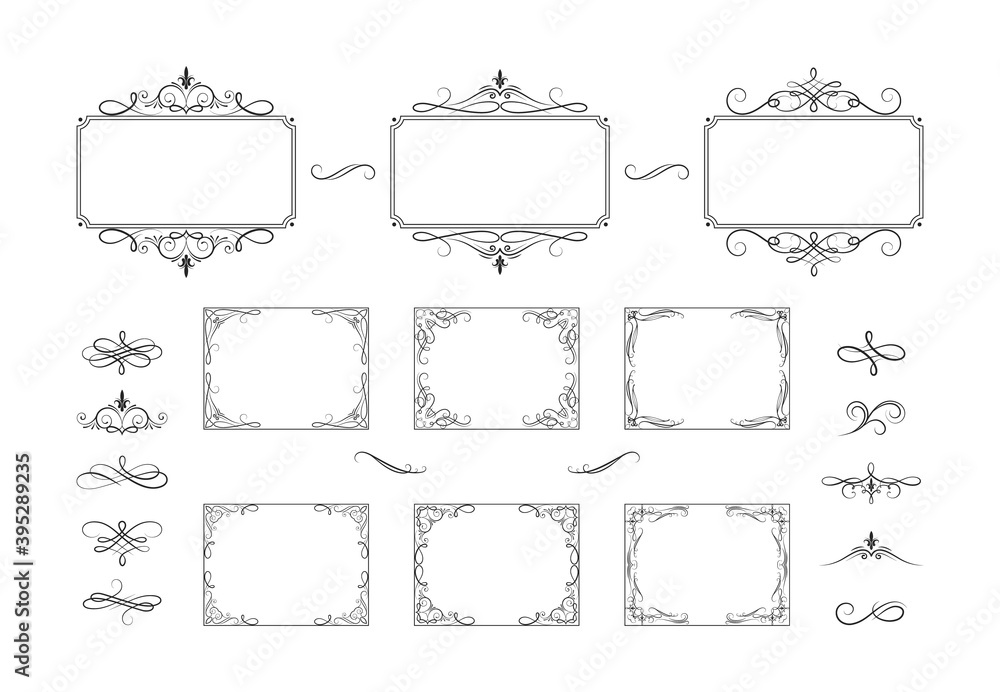 Set of hand drawn rectangular swirls, scrolls, borders in baroque style ...