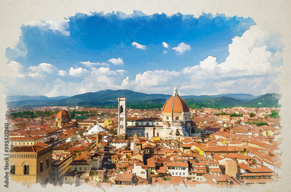 Watercolor drawing of Top aerial panoramic view of Florence city with ...