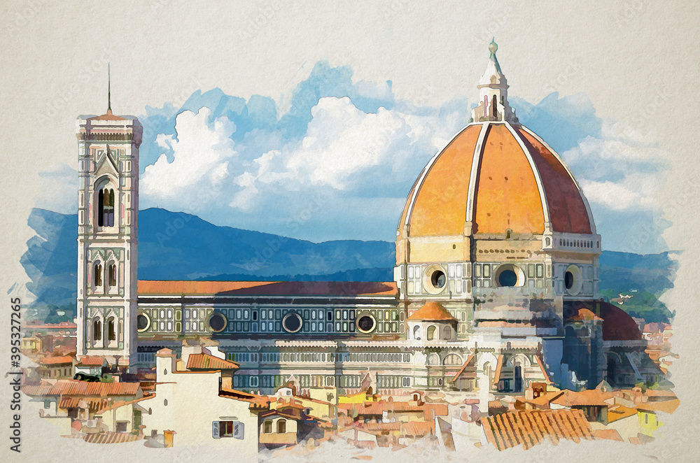 Watercolor drawing of Top aerial panoramic view of Florence city with ...