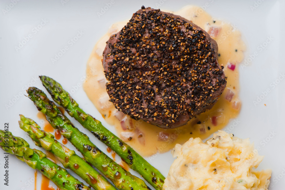 Steak and potatoes. Grade A grass fed angus beef steaks. Tenderloin ...