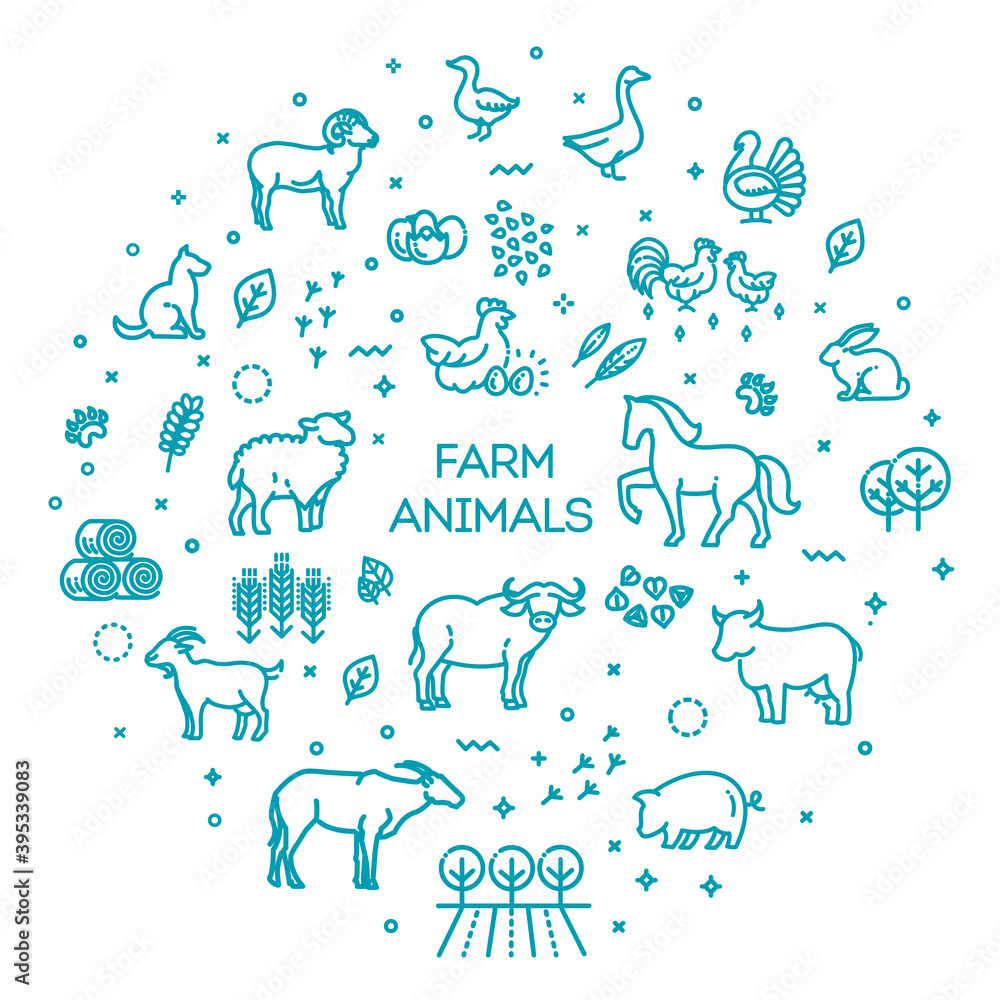 Flat line design. Farm animals Stock Vector | Adobe Stock