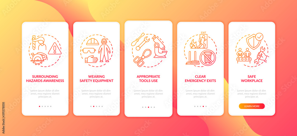 Workplace safety elements onboarding mobile app page screen with ...