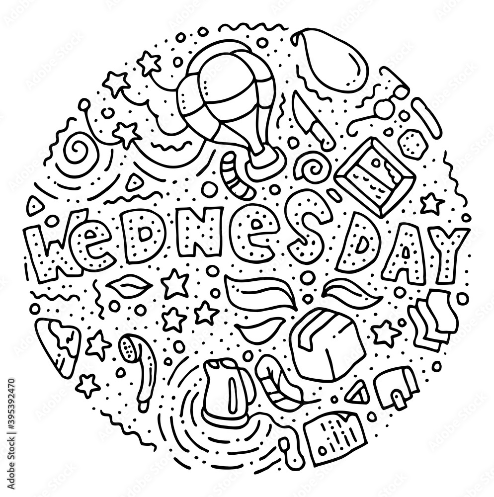 Round sticker in doodle style with names of days of week for notebooks ...