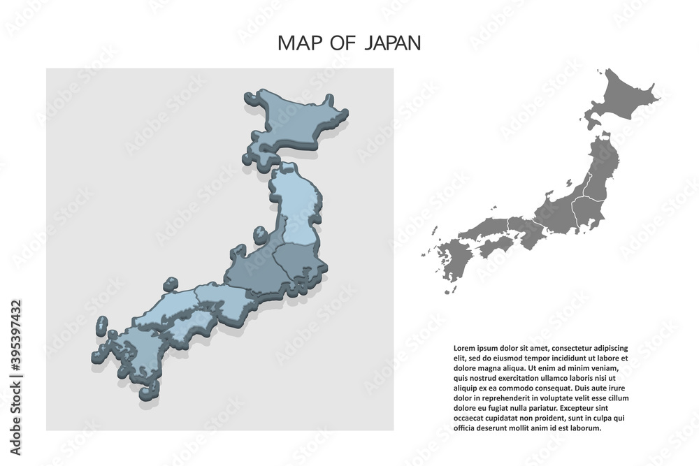 Isometric 3D map of Japan. Political country map in perspective with ...