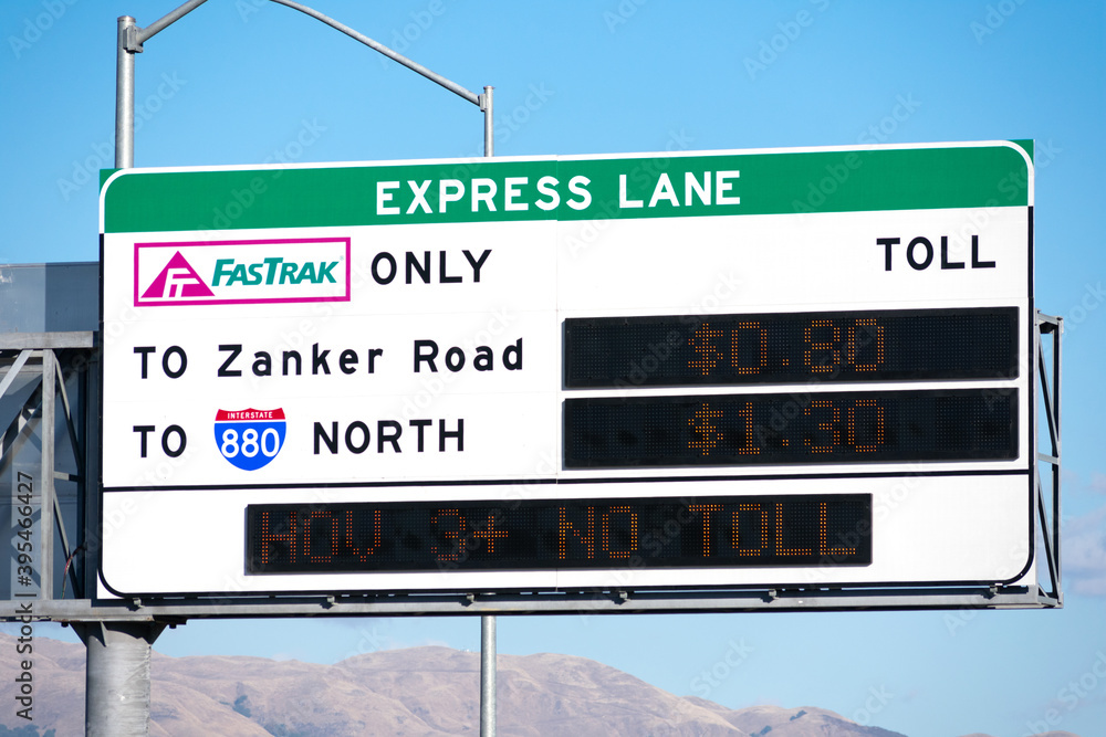 FasTrak express lane sign. FasTrak is an electronic toll collection ETC ...