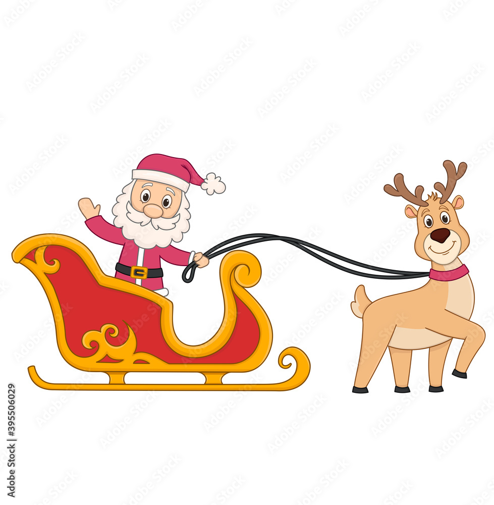 santa claus and his flying sleigh and reindeer. cartoon vector illustration. isolated on white ...