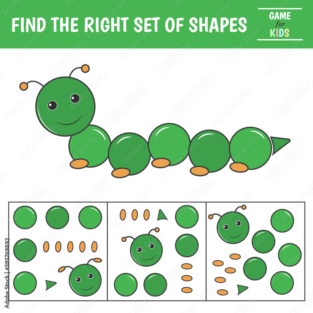 Educational game for kids. Geometrical figure caterpillar. Find the ...