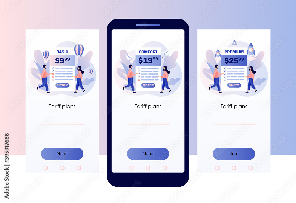 Vector de Stock Tariff plans in smartphone app. Tiny people choose ...